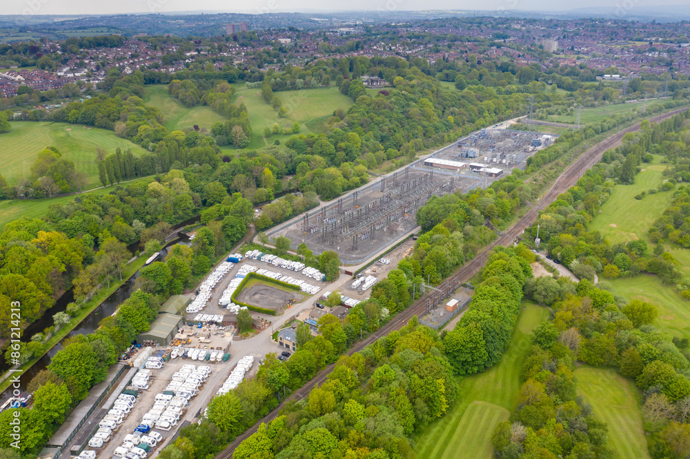 Aerial photo of a electrical power sub station surrounded by trees in ...