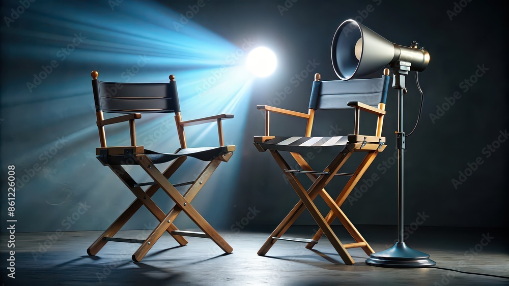 Director chair, movie clapper, and megaphone in a volumetric light ...