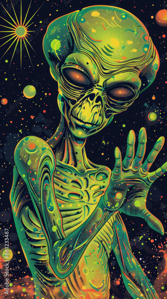 Retro 1960s 1950s style vintage space alien little green man with big ...