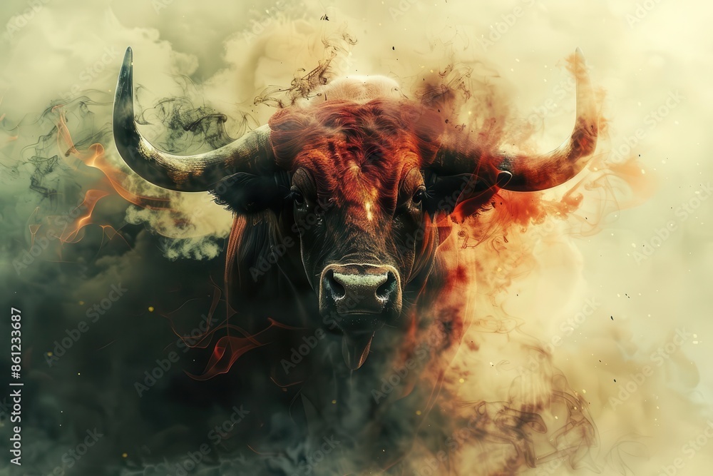 surreal illustration of enraged red bull emerging from smoke fierce ...