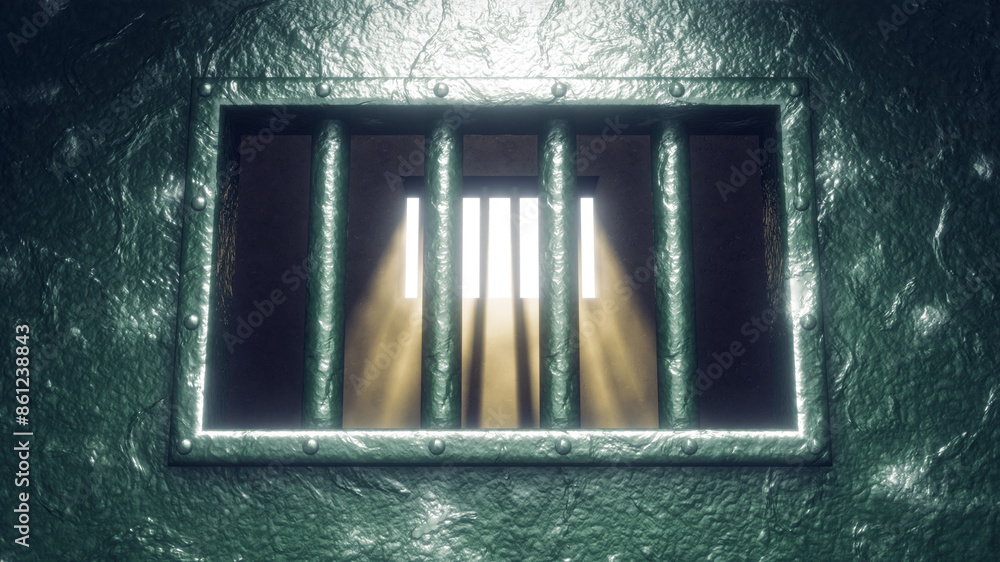 Prison cell green door. Prison cell interior seen through barred door ...