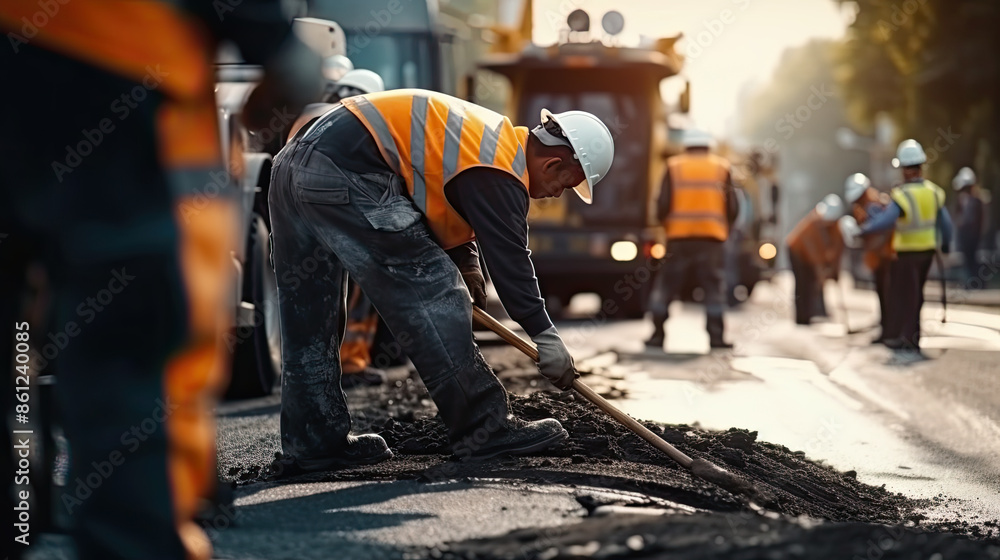 Road construction workers teamwork, tarmac laying works at a road ...