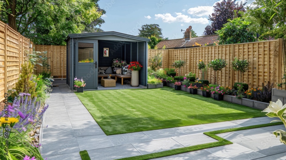 A general view of a back garden with artificial grass, grey paving slab ...