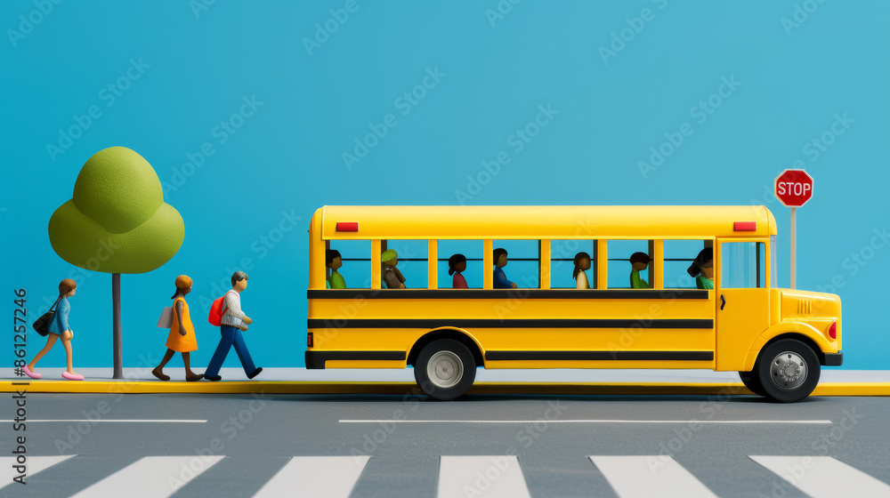 'school bus parked with its stop sign extended, students crossing the ...