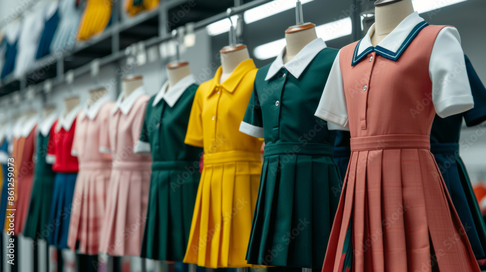 'variety of school uniforms displayed on mannequins, different styles and colors, store ...