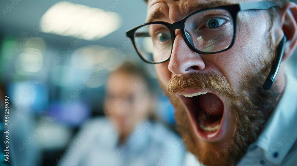 wide angle of office worker yelling into phone, colleagues looking ...