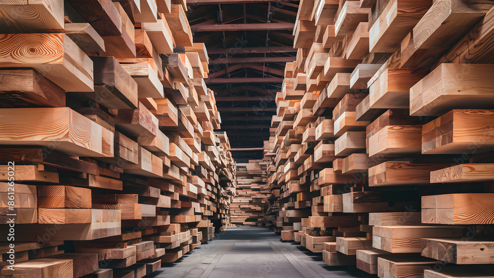 stack of wooden planks arranged in a warehouse or lumber yard. The ...