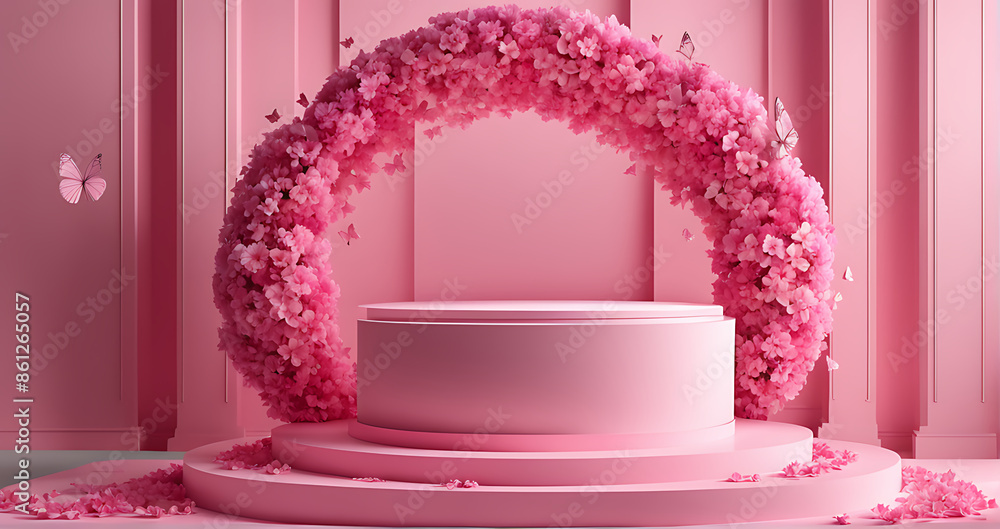 Butterfly podium background pink 3D flower pedestal rose stage cosmetic ...