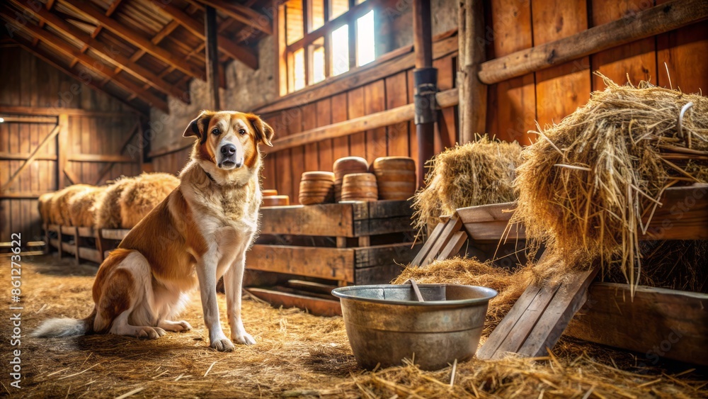 Rustic rural scene with a loyal dog standing alone amidst hay bales and ...