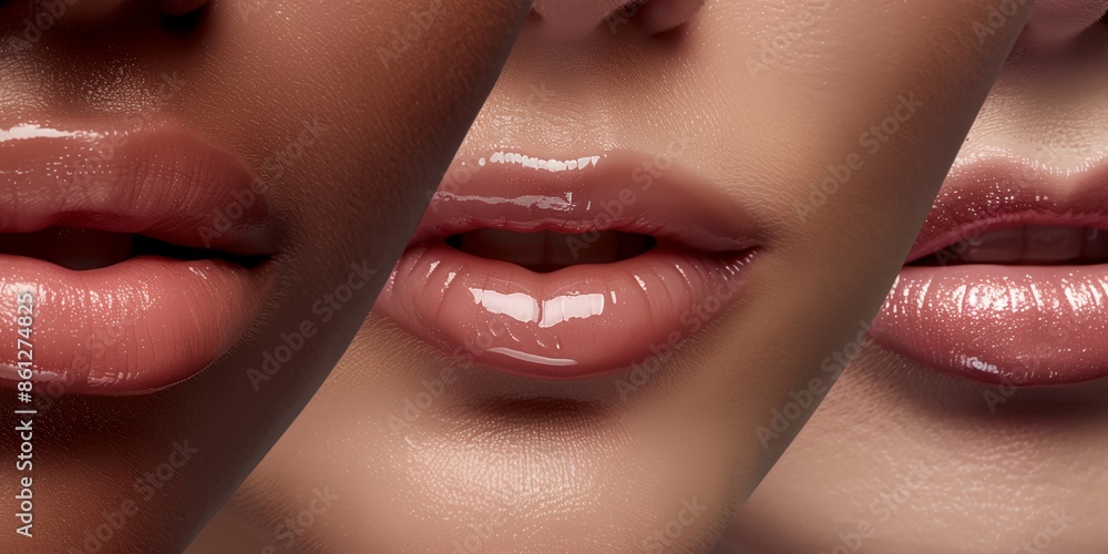 Three women with different colored lips. The lips are pink and shiny ...