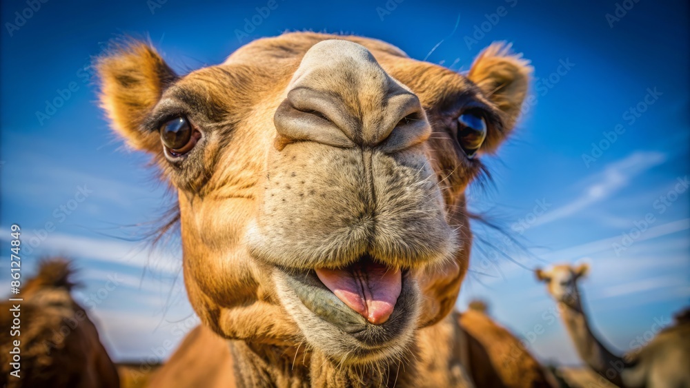 Amusing close-up of a curious camel's face with tongue slithering out ...
