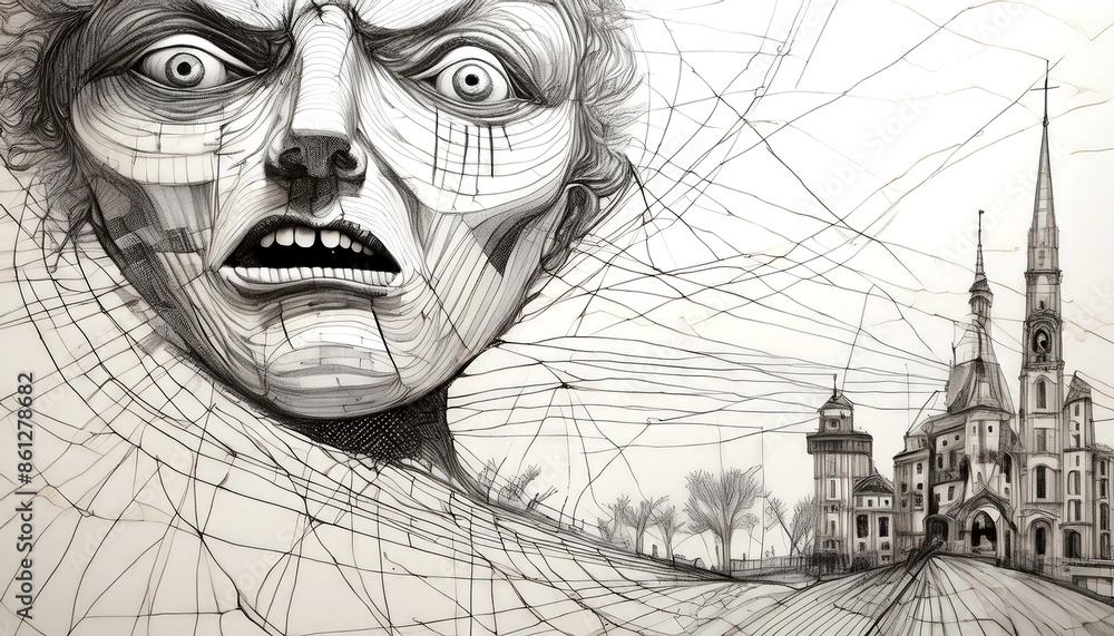 Drawing of a human face destroyed by anguish, drawing of a human face ...