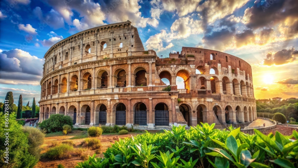 Ancient Rome's iconic monumental amphitheater stands majestically under ...