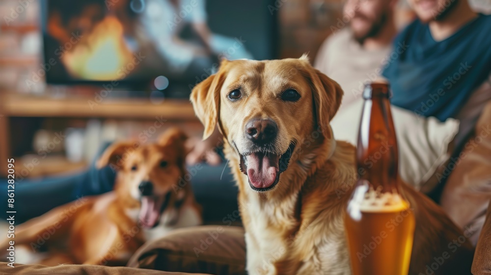 Enjoying their day off together at home, two friends and their dog are ...