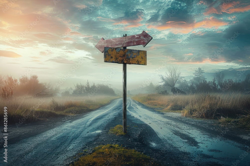 Surreal landscape with a split road and signpost arrows showing two ...