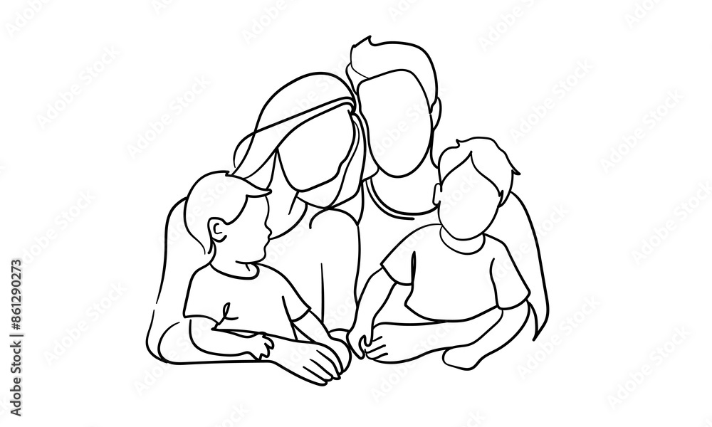 Family with 2 children continuous line art drawing isolated on white ...