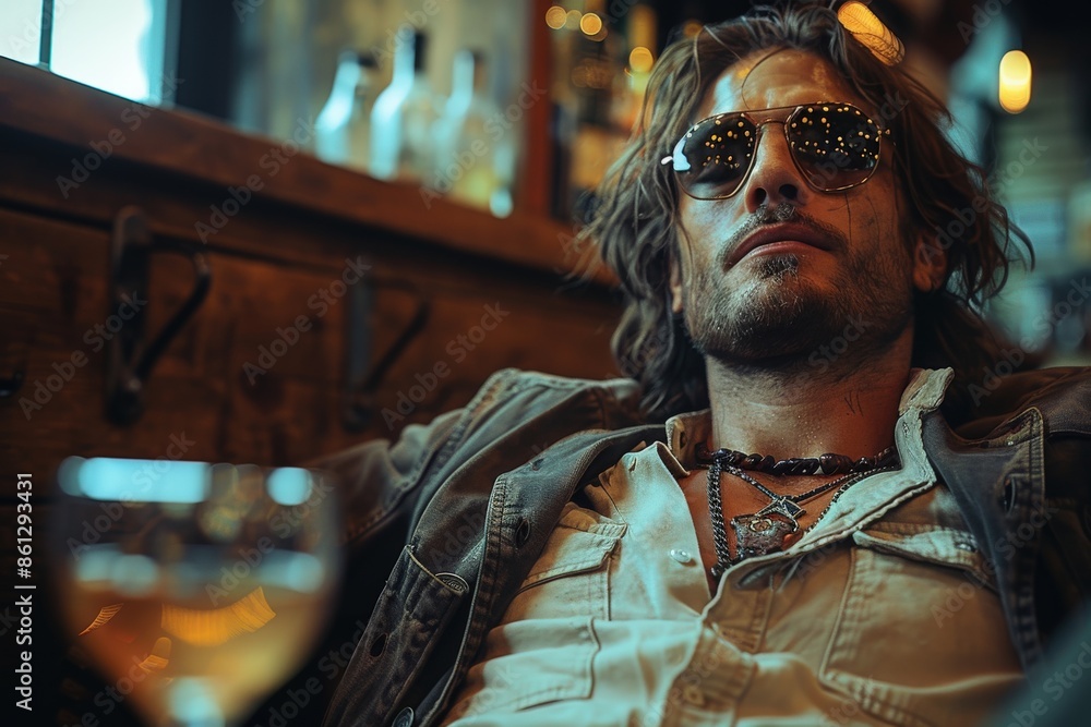 A cool man with sunglasses and a rugged look leisurely lounges indoors ...