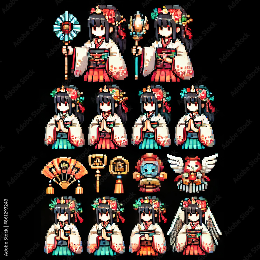 A sprite sheet in pixel art style for a Japanese RPG featuring shrine ...
