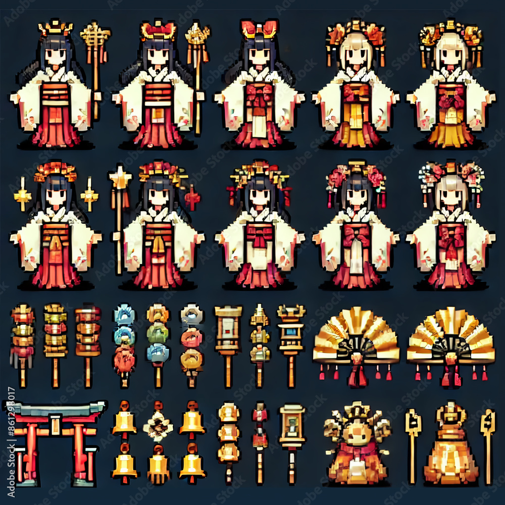 A sprite sheet in pixel art style for a Japanese RPG featuring distinct ...
