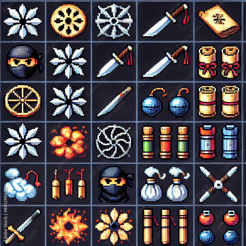 A sprite sheet in pixel art style for a Japanese RPG featuring ninja ...