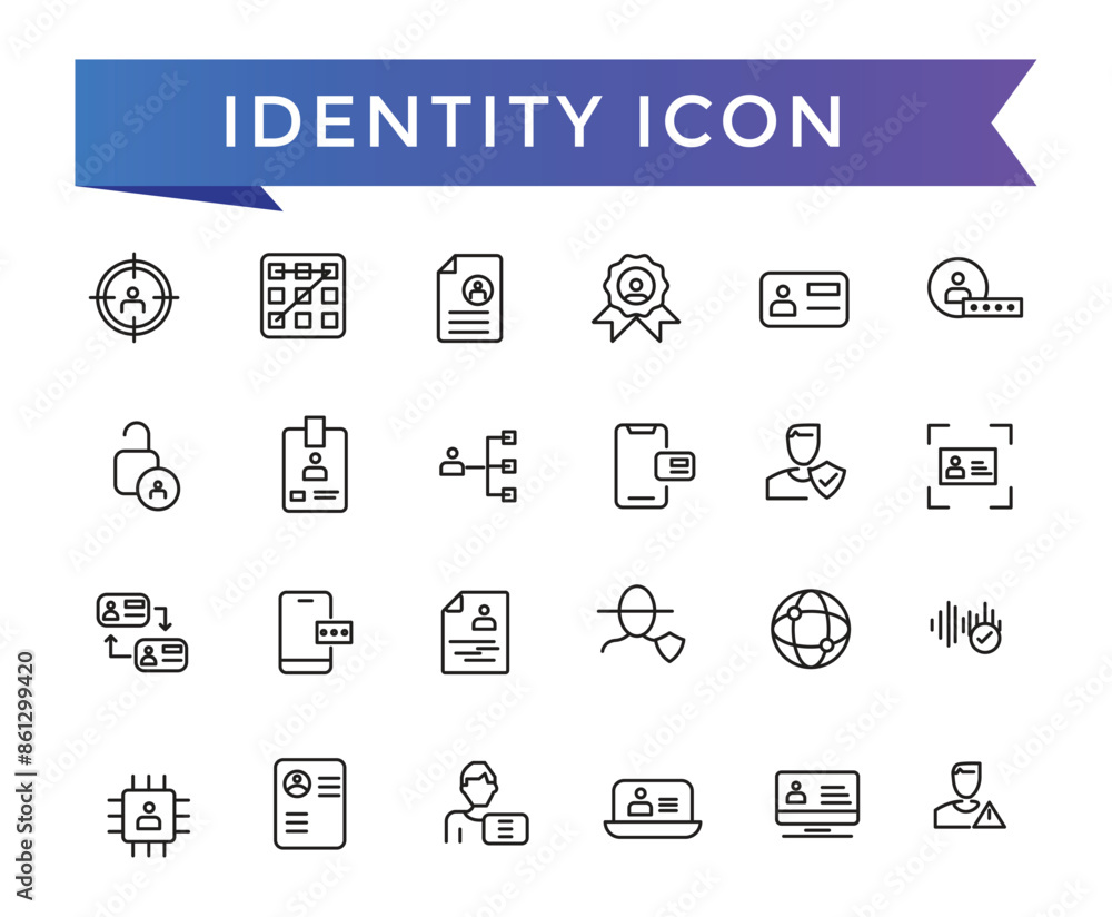 Identity icon collection. Related to ID card, biometric, fingerprint ...