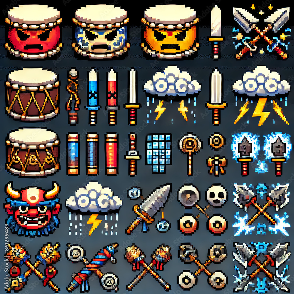 A sprite sheet in pixel art style for a Japanese RPG featuring thunder ...
