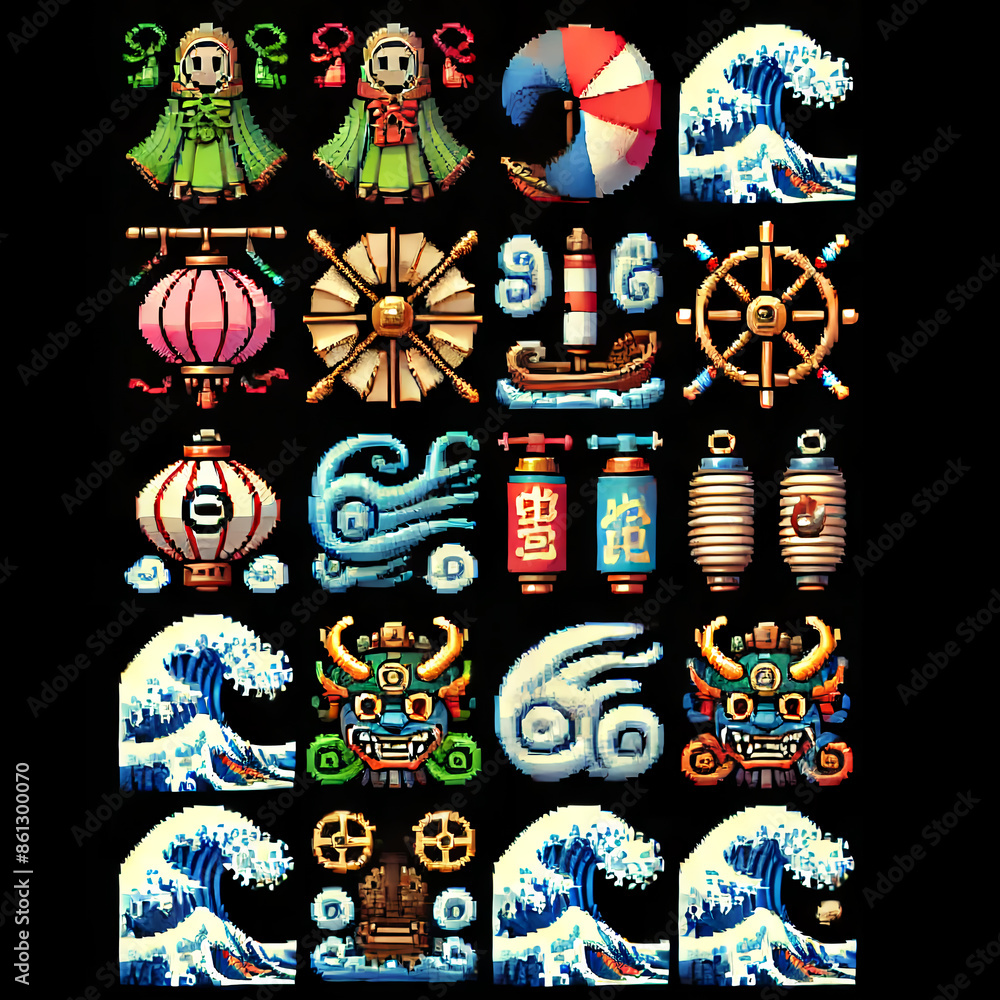 A sprite sheet in pixel art style for a Japanese RPG featuring wind god ...