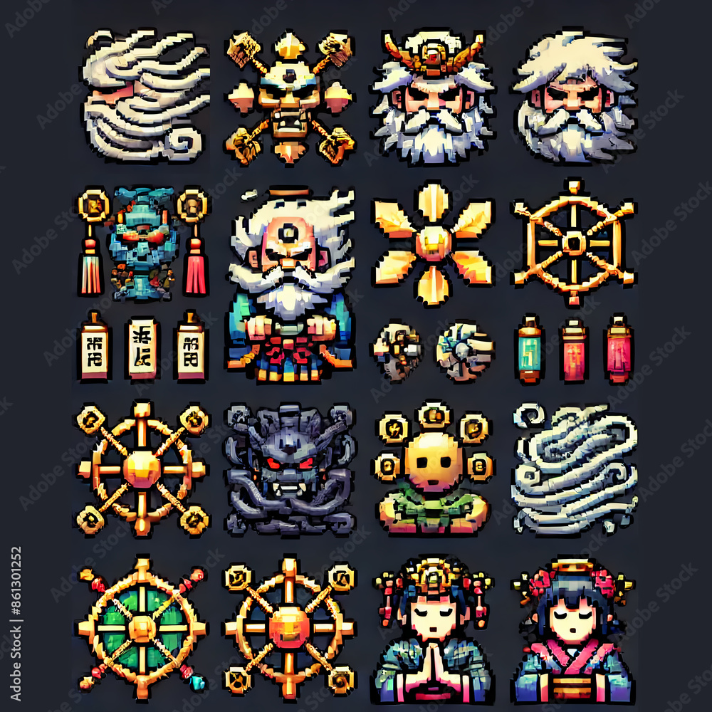 ภาพประกอบสต็อก A sprite sheet in pixel art style for a Japanese RPG ...