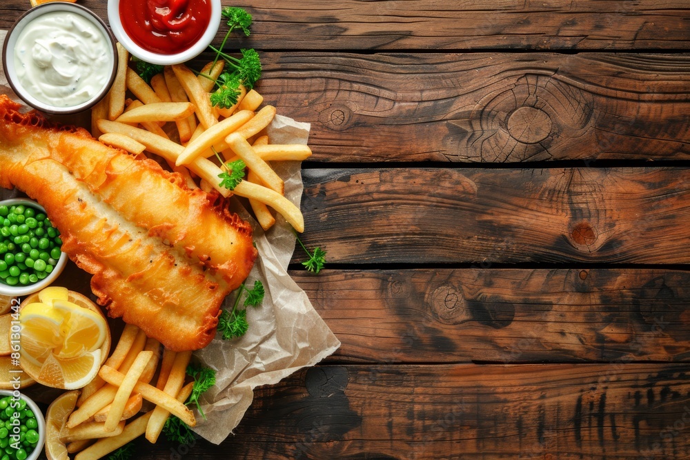 British national traditional fast food fish and chips with assorted ...