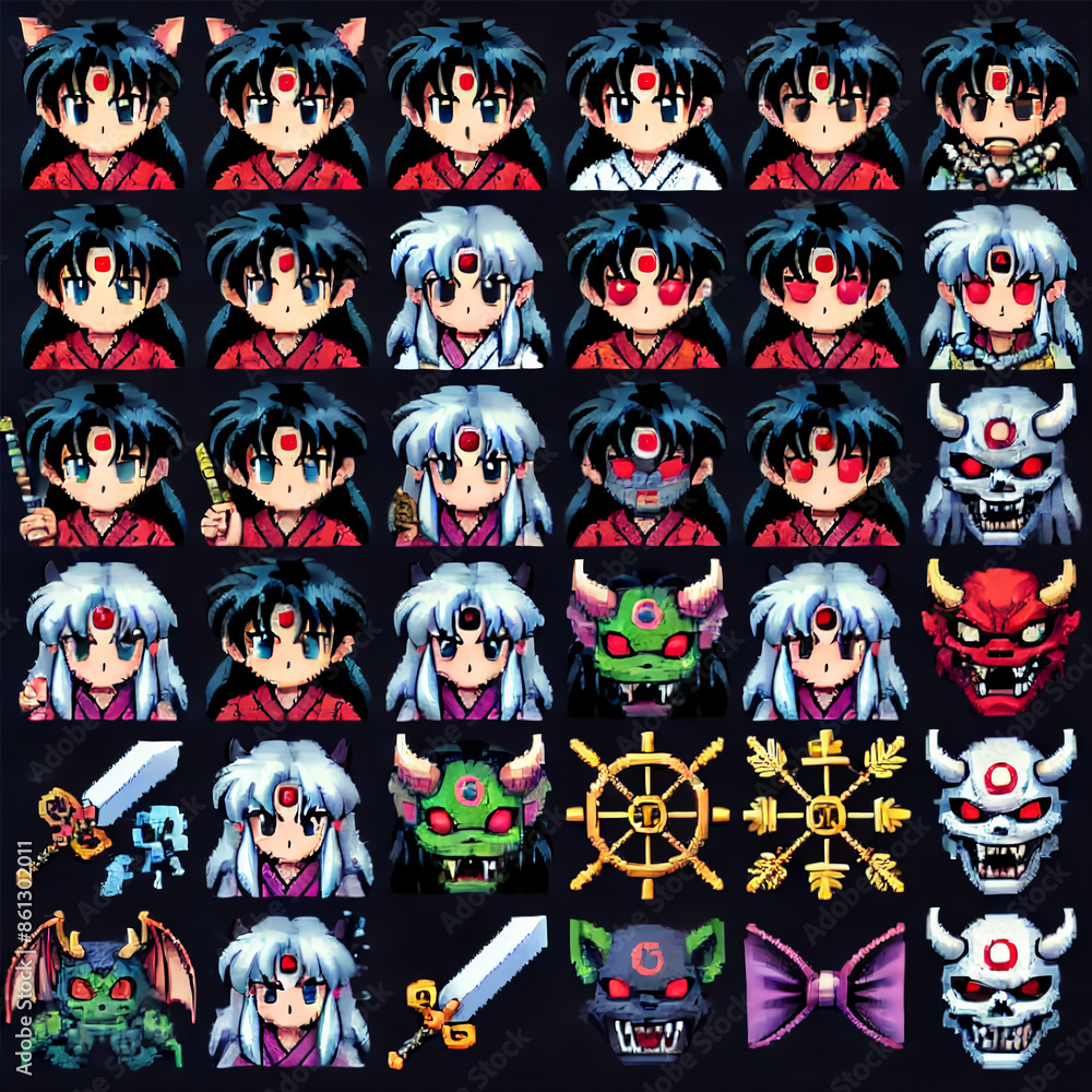 A sprite sheet in pixel art style for a Japanese RPG featuring yasha ...