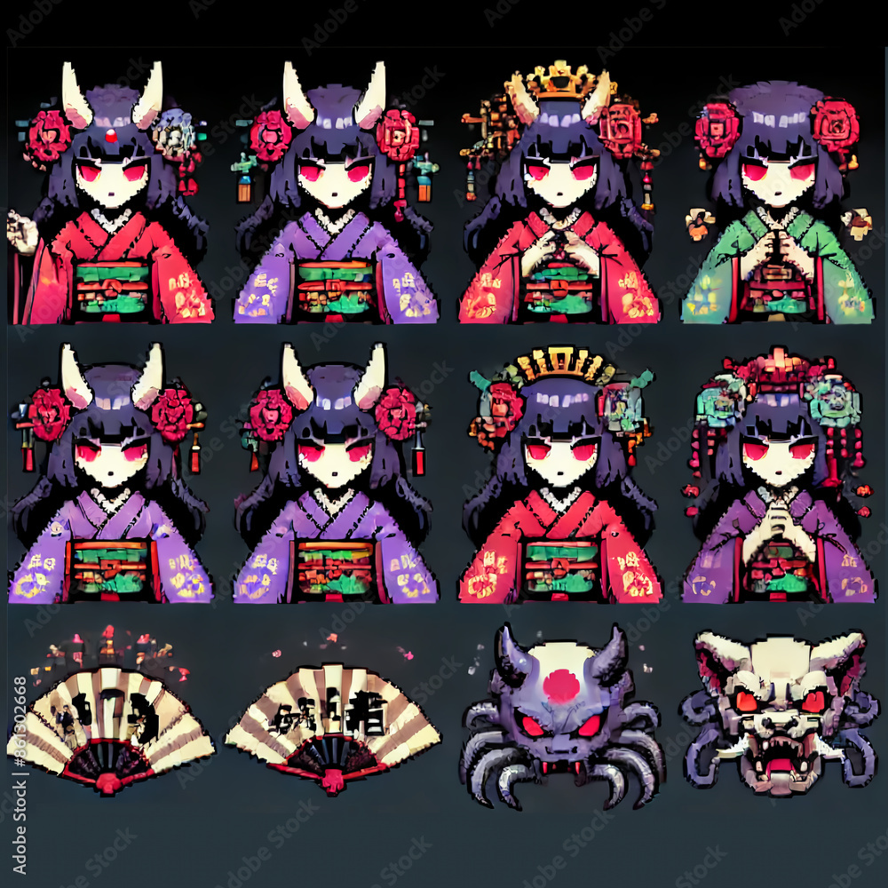 A sprite sheet in pixel art style for a Japanese RPG featuring demoness ...
