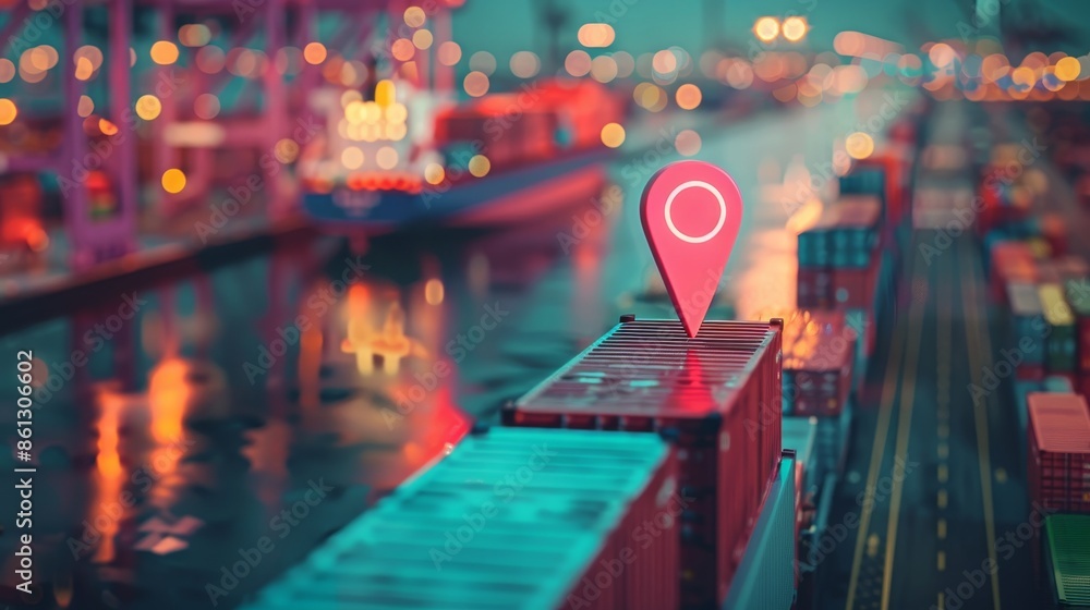 Location pin icon overlaying a container ship at a busy shipping dock ...
