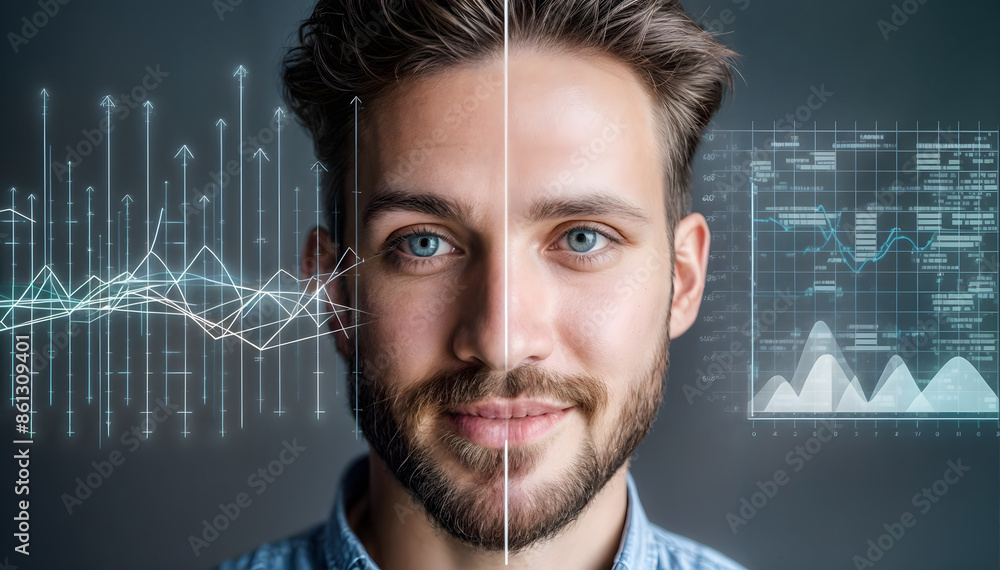 Face of a man with graph and chart beside. Personal futuristic digital ...