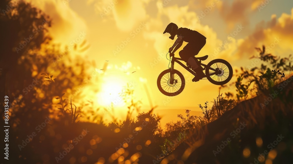 Dynamic low-angle shot capturing a biker mid-air on a mountain bike ...