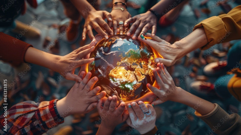 Diverse hands holding a globe in unity. Concept of global community and ...