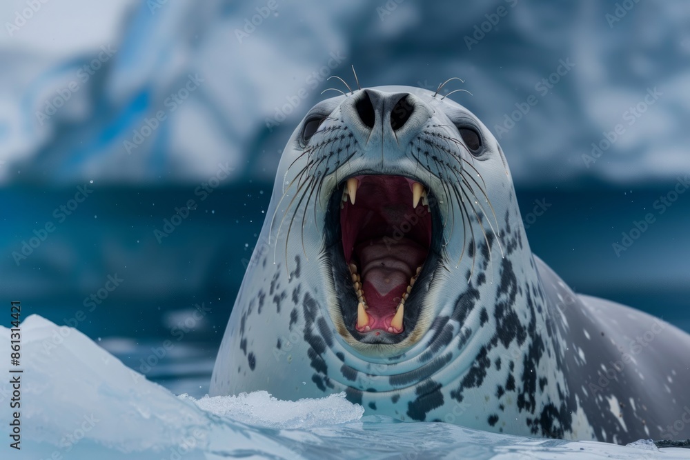 Leopard seal shoes off it's impressive teeth as it opens it's massive ...