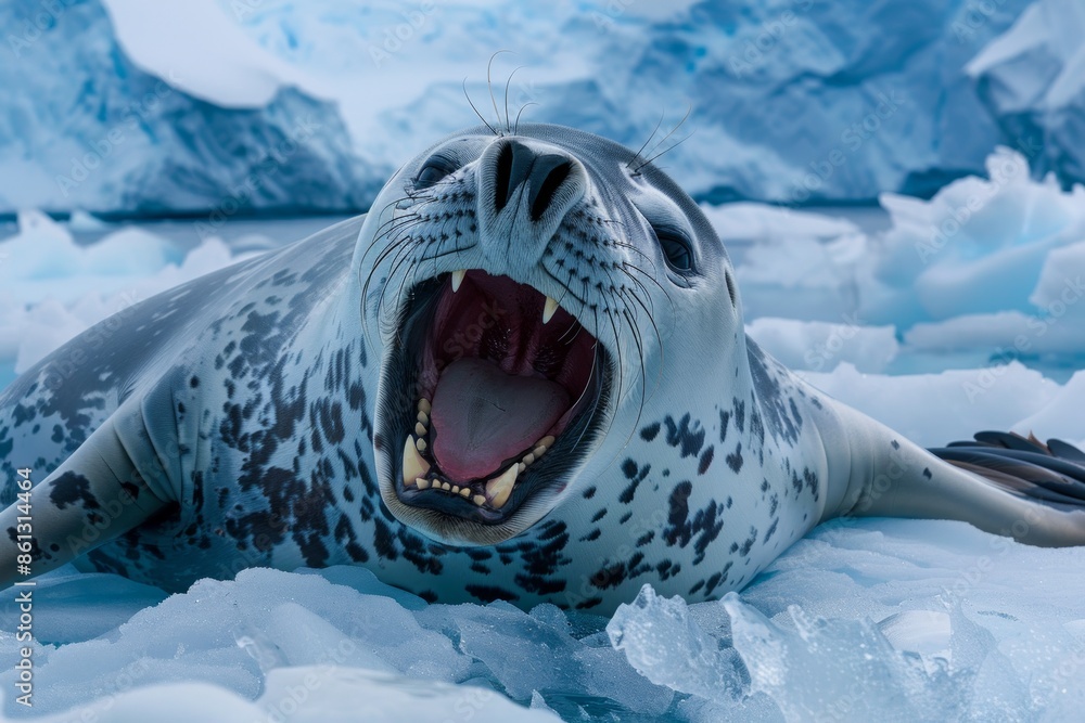 Leopard seal shows off its impressive teeth while resting on an iceberg ...