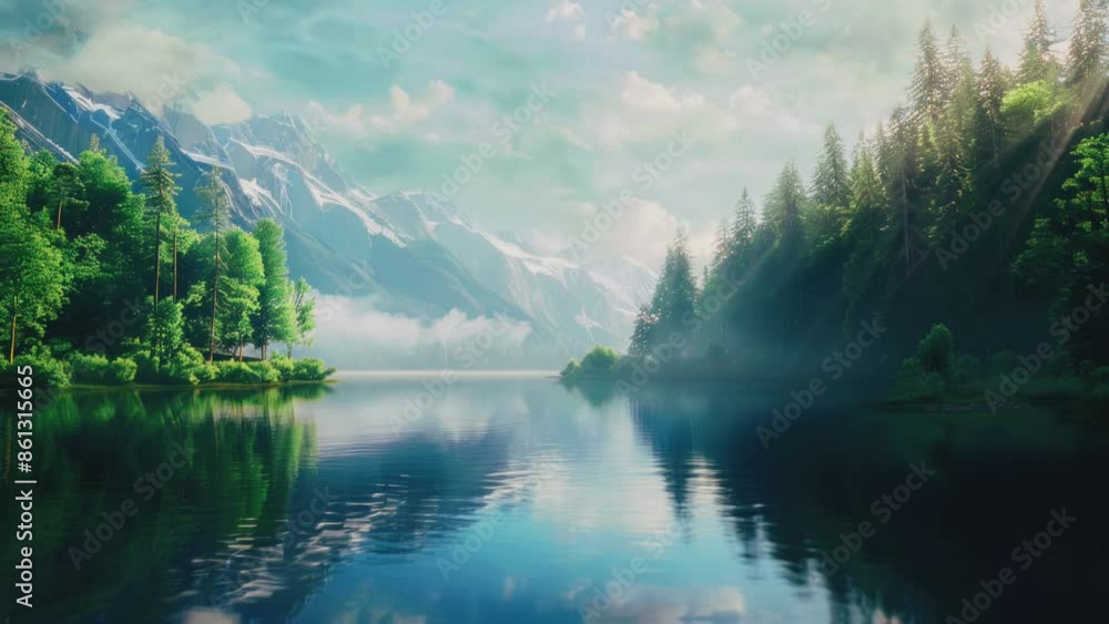 Idyllic scene of a peaceful lake embraced by dense foliage, under a ...