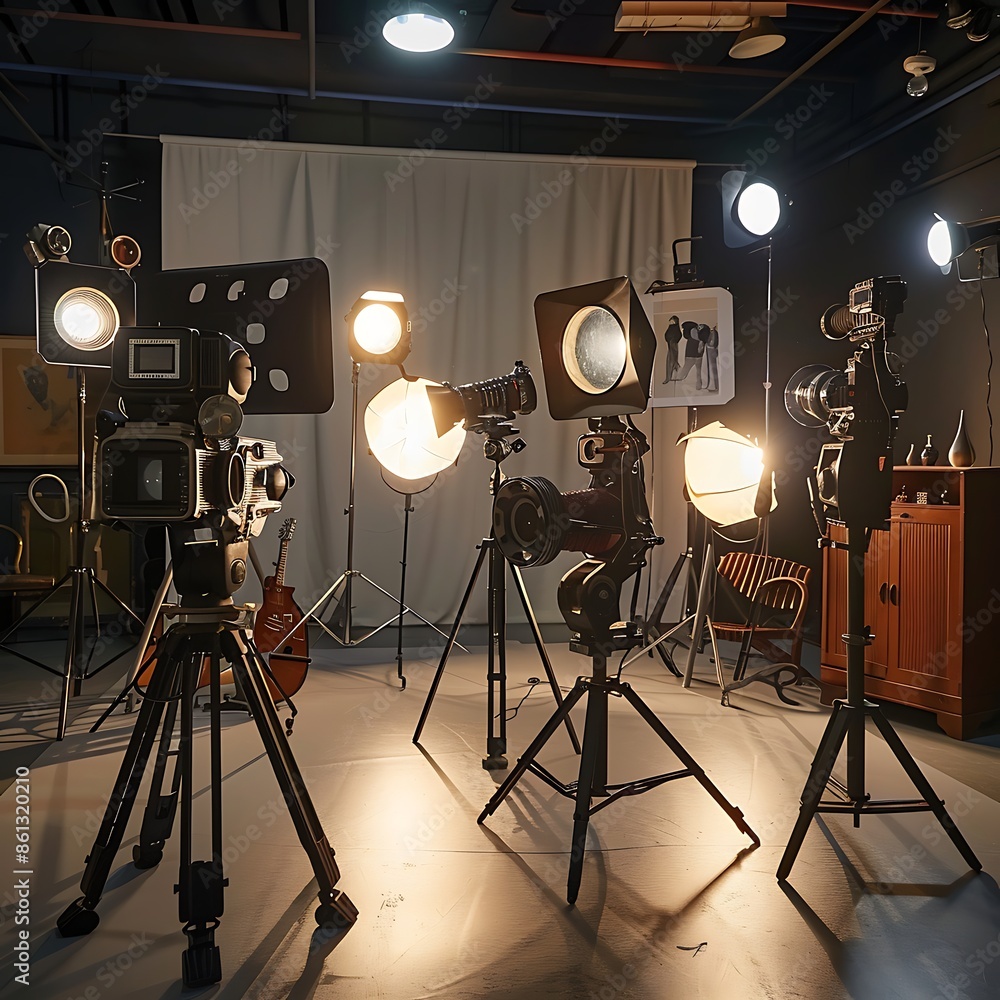 Retro-inspired film studio setup with classic movie-making equipment ...