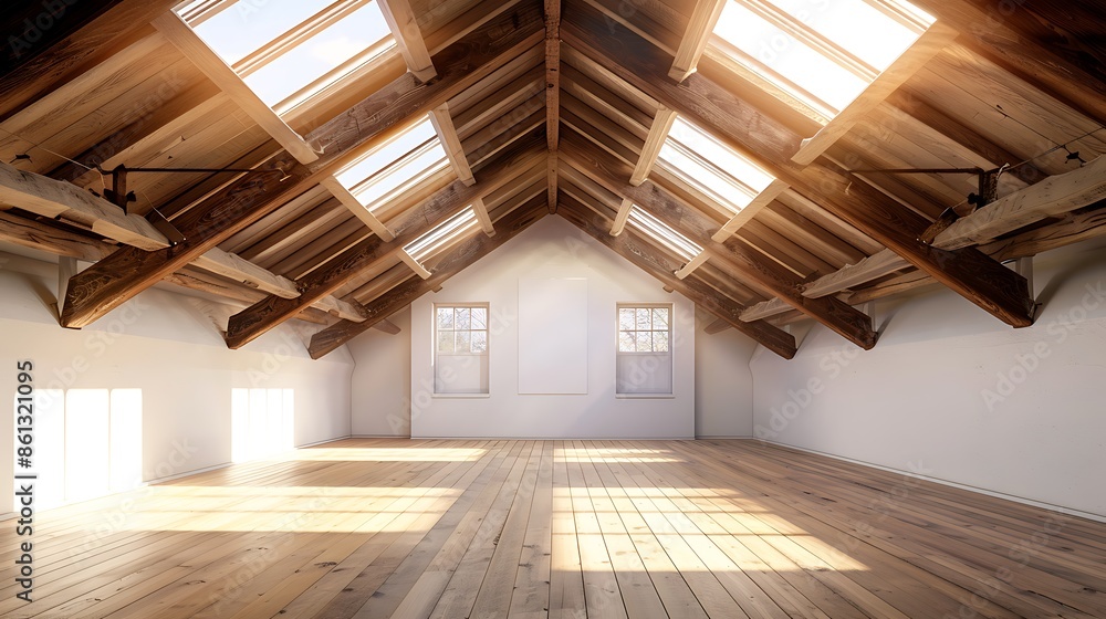 Spacious empty attic room with wooden beams and skylights, ready for ...