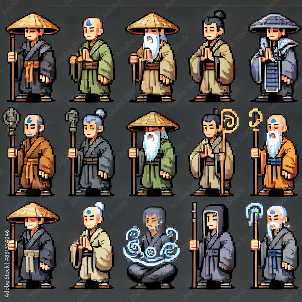 A sprite sheet in pixel art style for a Japanese RPG featuring monk ...