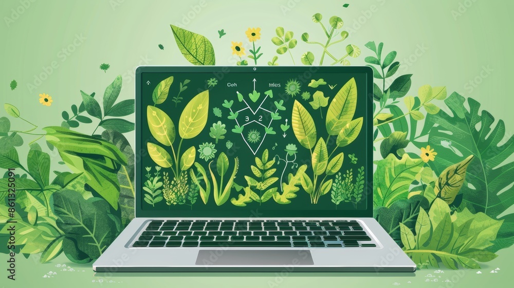 A symbolic illustration of a laptop with a green, leafy keyboard ...