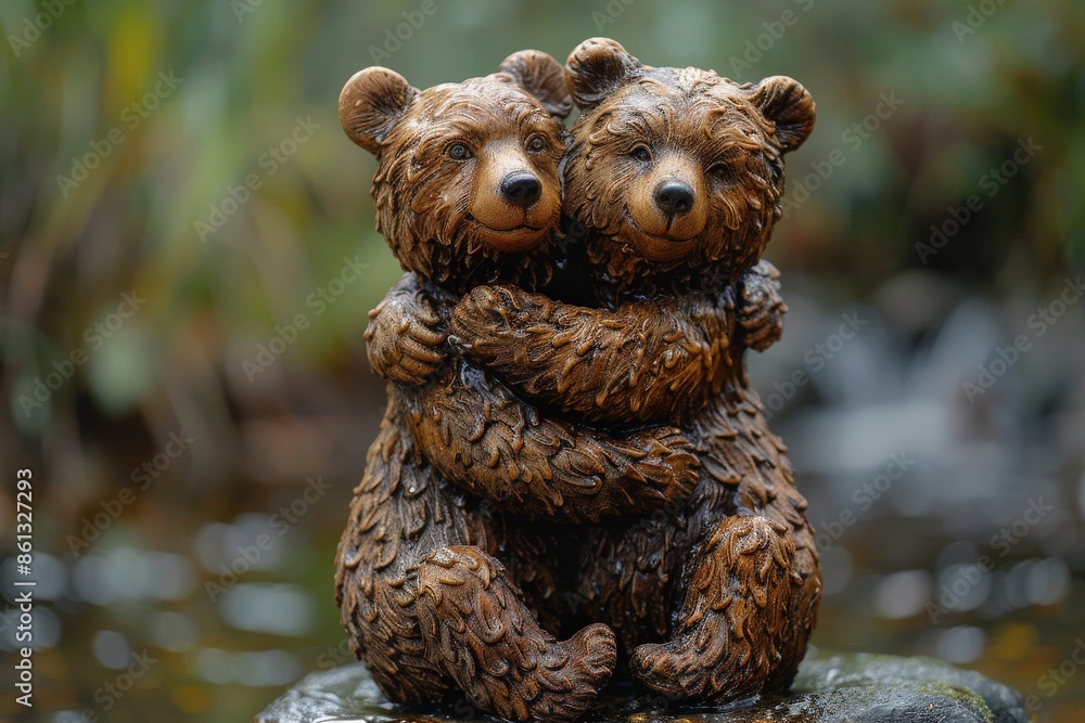 A charming wooden sculpture depicting two bear cubs hugging each other ...