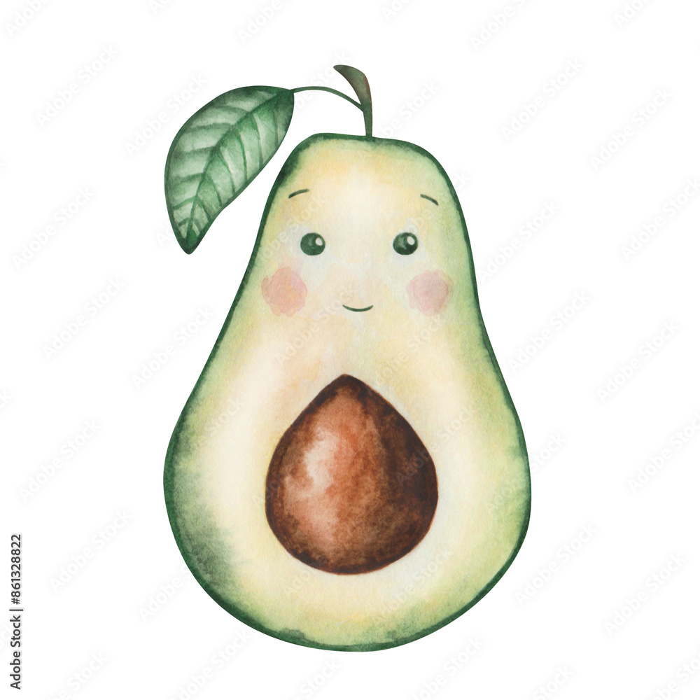 Watercolor avocado illustration. Hand painted green avocado cut in half ...