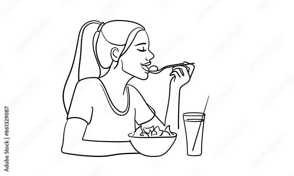 Girl eats food and enjoys continuous line art drawing isolated on white ...