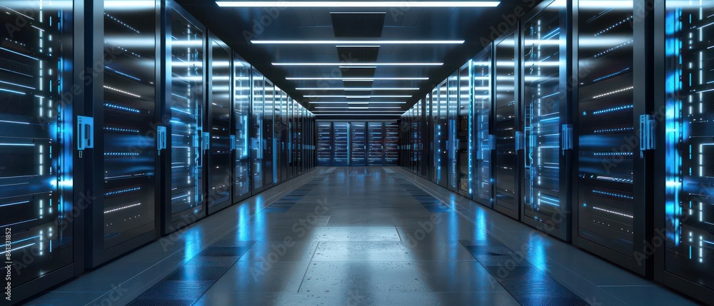 Hightech supercomputer server room with glowing digital interfaces and ...