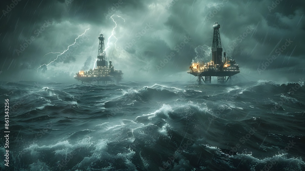 Offshore Oil Rigs Weathering a Powerful Storm at Sea Stock Photo ...