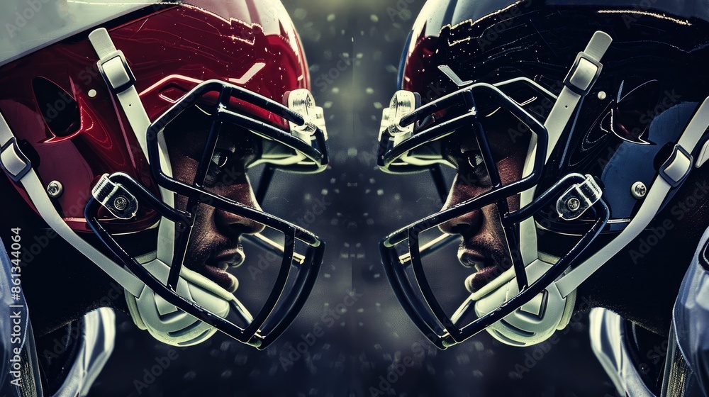 Two American football players face off, helmets colliding, showcasing ...