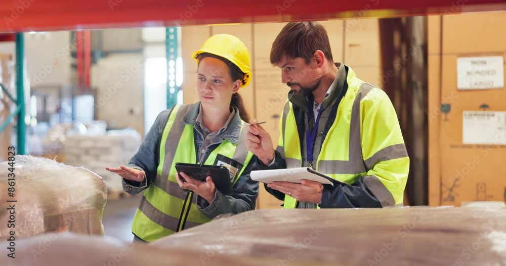 Team, tablet and inspection of shipping warehouse with delivery of ...