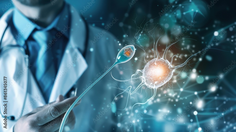 Doctor holds 3D models of egg and sperm cells. that is being conceived ...